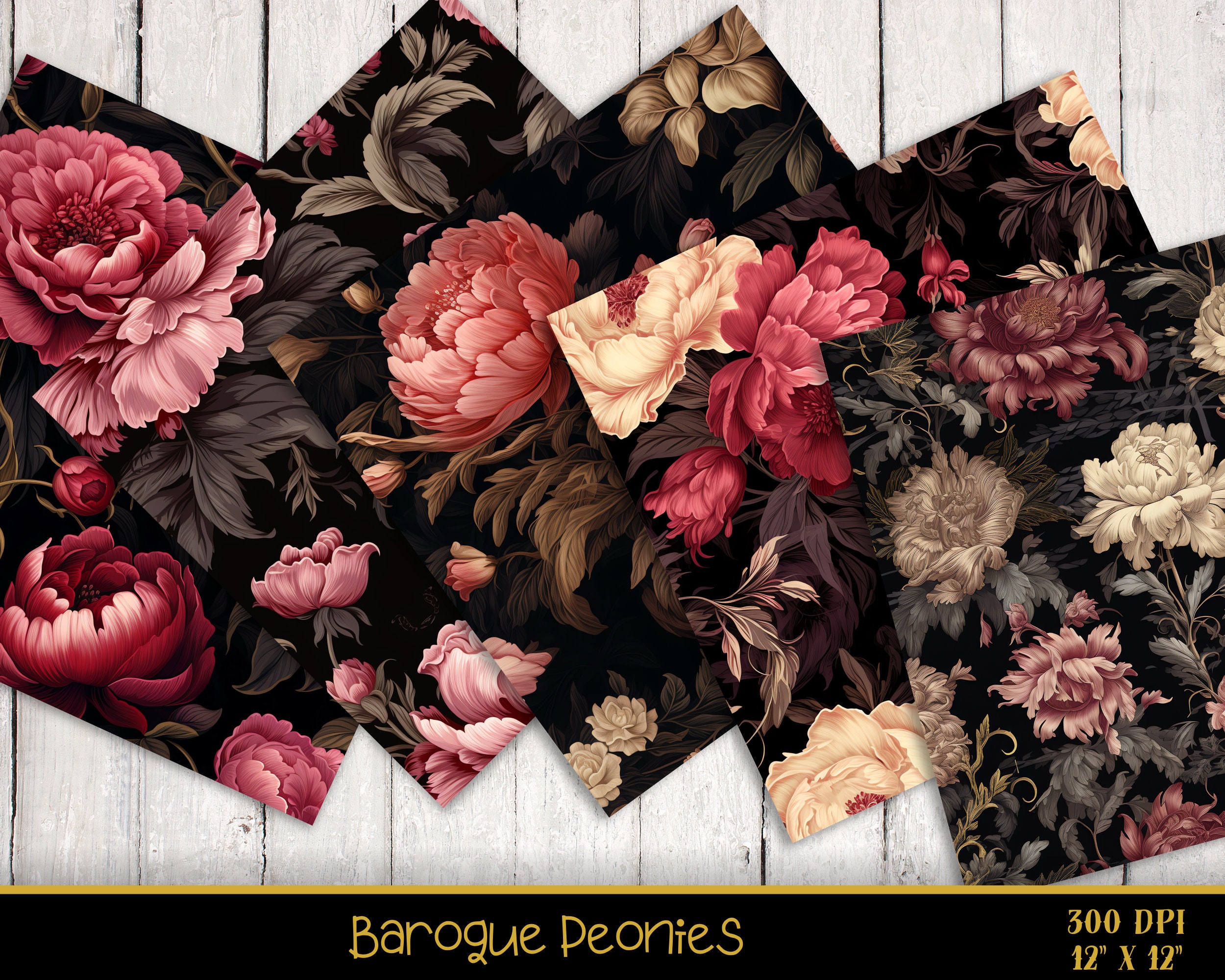 Baroque Peony Seamless Digital Papers, Seamless Dark Floral Backgrounds ...