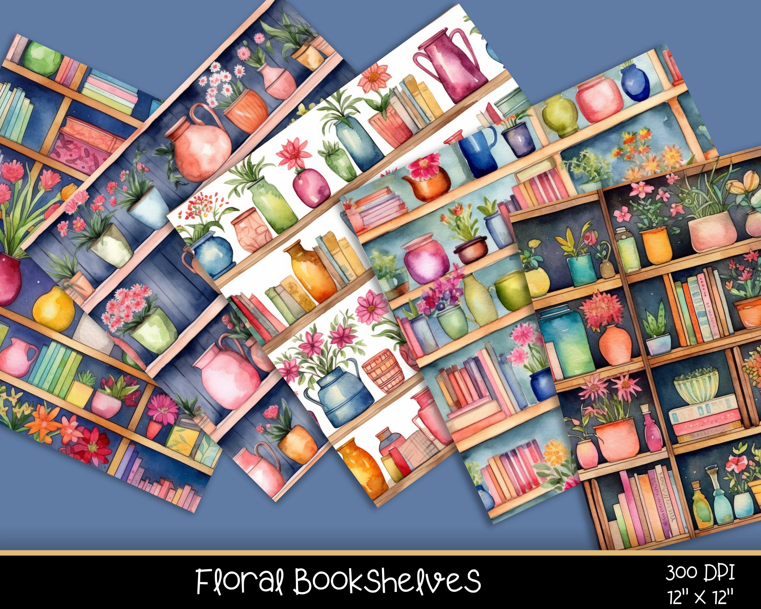 Bookshelf Seamless Digital Paper, Floral Bookshelves, 20 Images, 20x12 ...