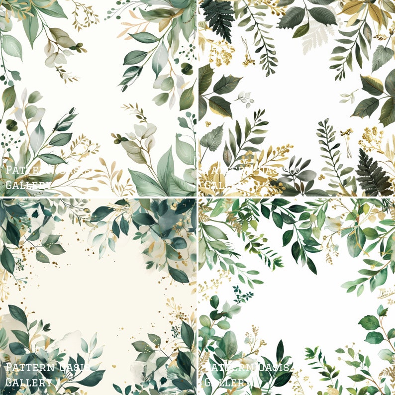 Seamless Watercolor Gentle Leaves Digital Paper, Green, Sage and Gold ...