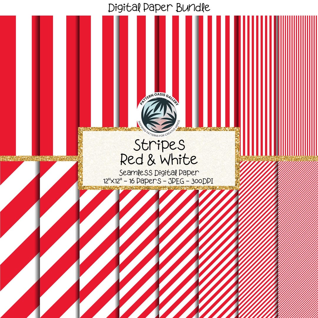 Red & White Seamless Striped Digital Paper, Striped Paper, 16 Stripes ...