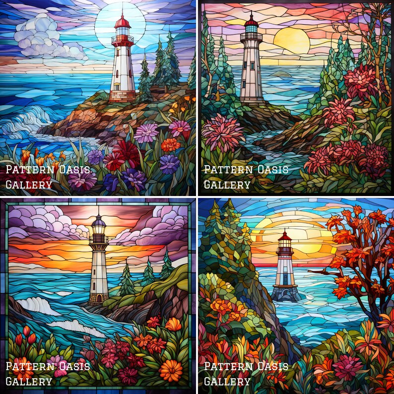 Stained Glass Lighthouse Digital Paper, Lighthouses Stained Glass ...