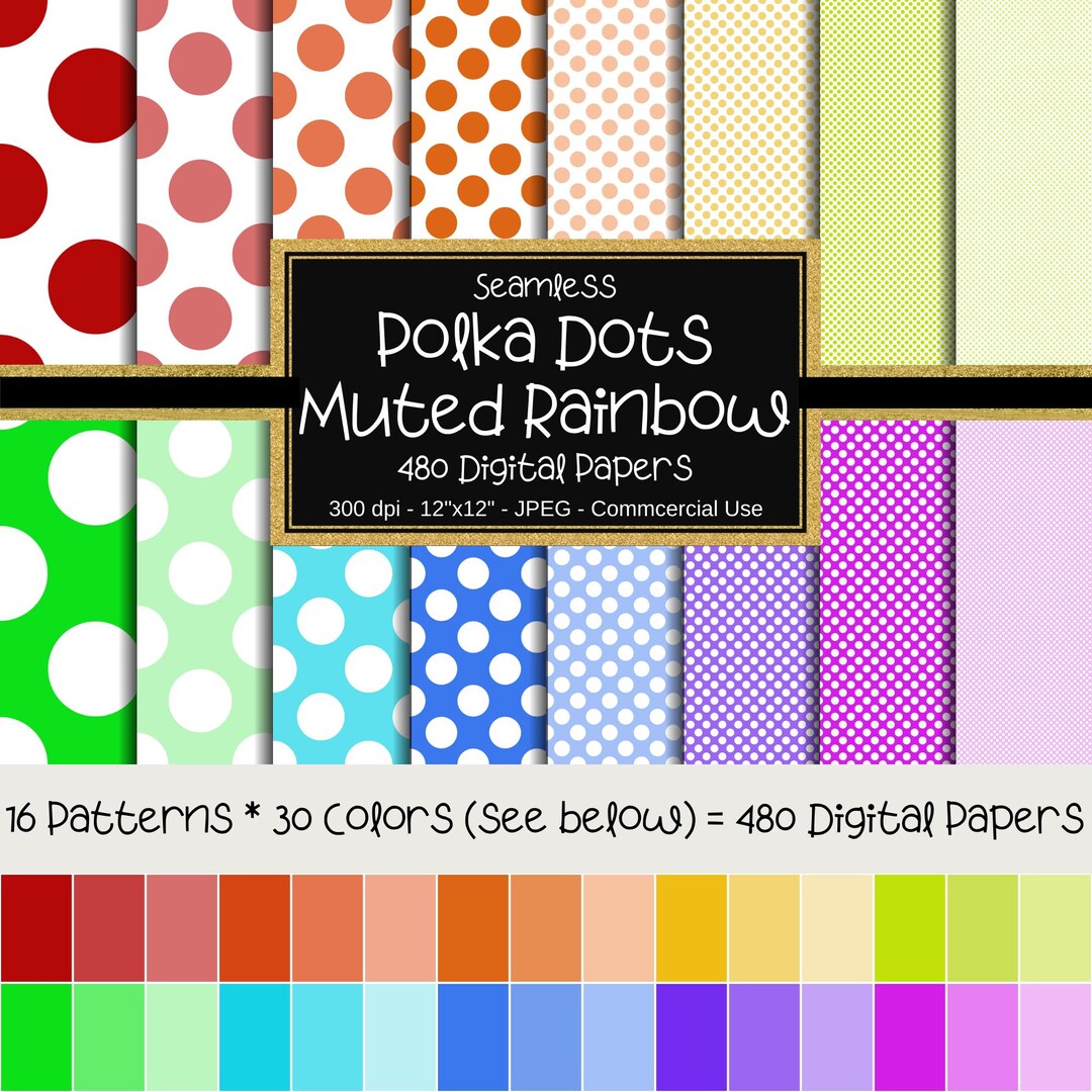 Muted Rainbow Polka Dots Seamless Digital Paper Pack, 12"x12", 480 ...