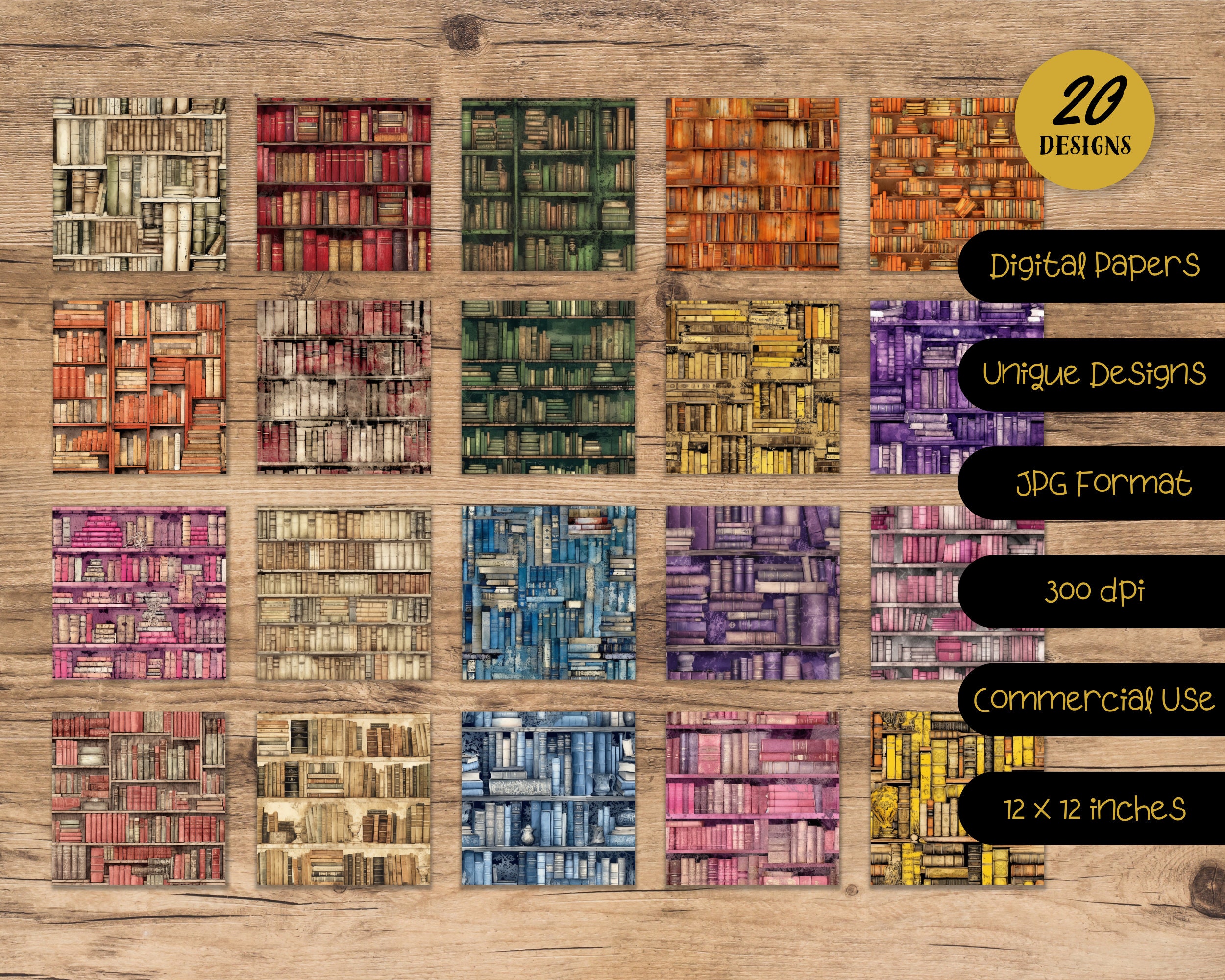 Bookshelf Digital Paper Pack Distressed and Vintage, Colorful, Library ...