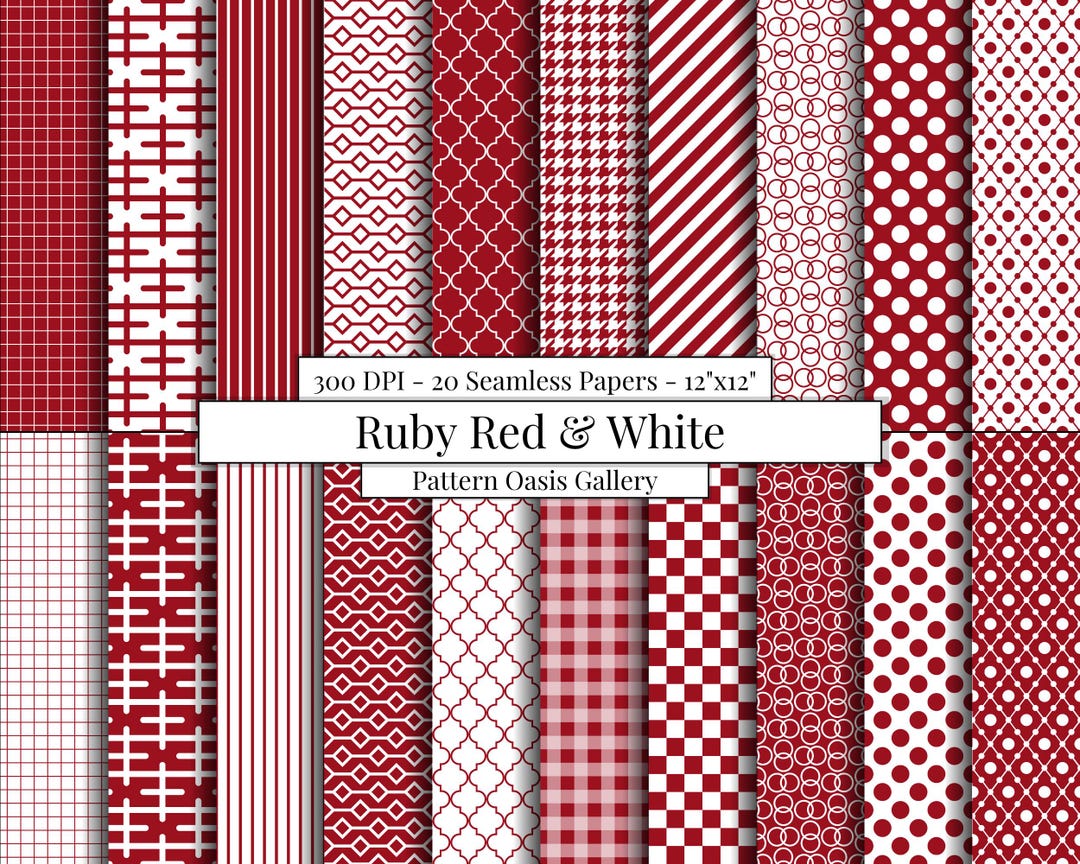Ruby Red and White Geometric Seamless Patterns, 12"x12", 20 Papers, Red ...