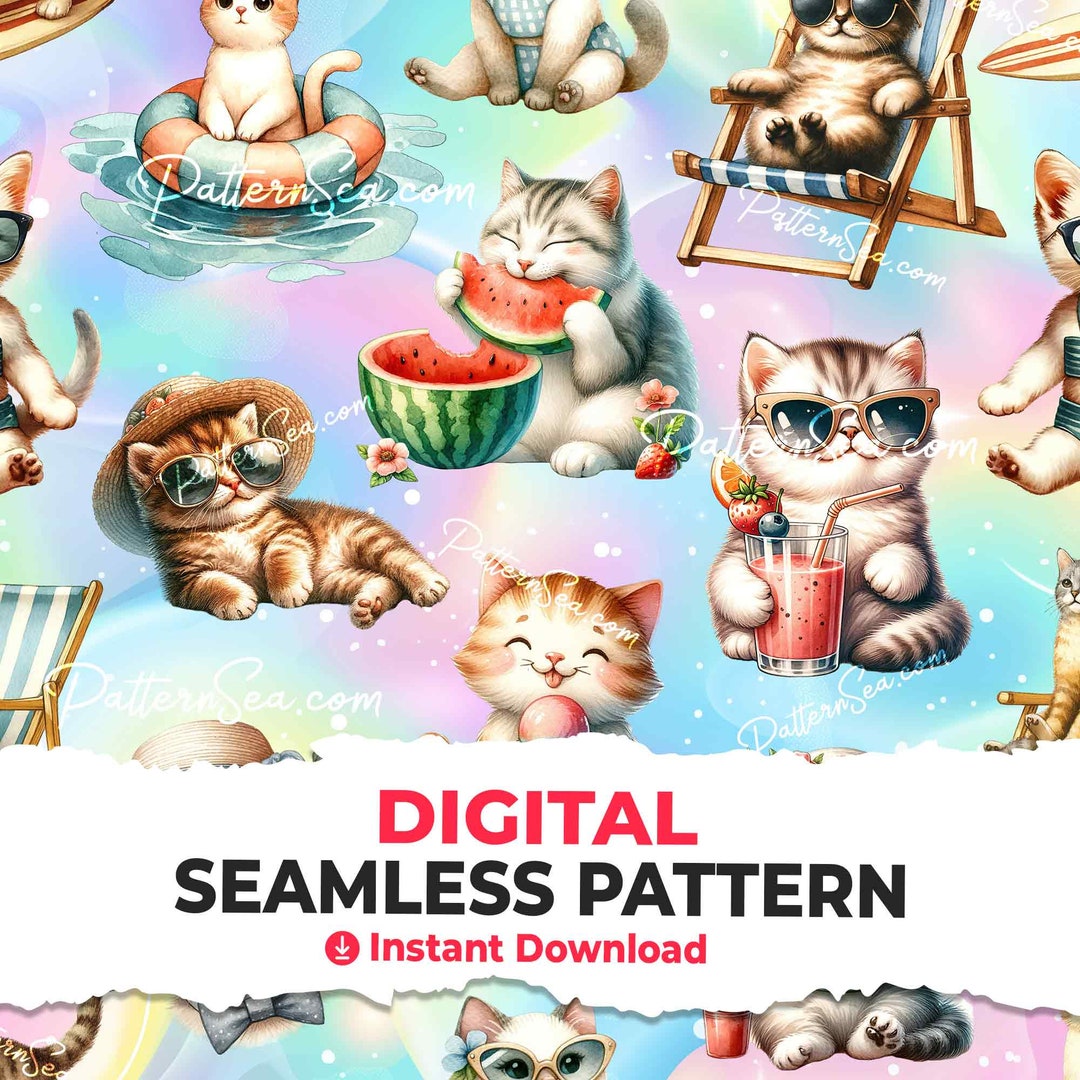 Summer Cat Seamless Printable Digital Pattern Paper Sublimation ...