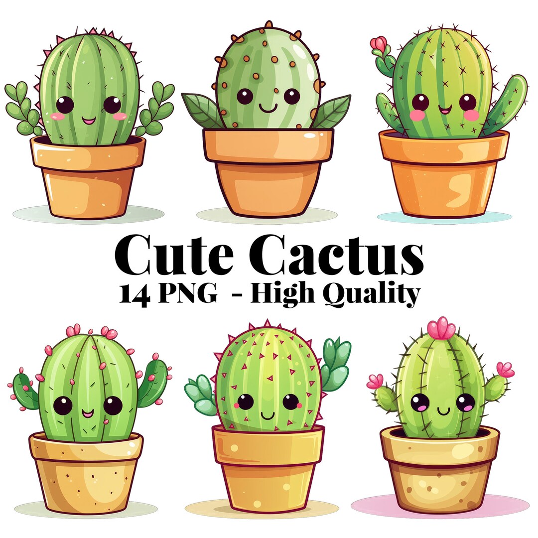 14 Cute Cactus Kawaii PNG Bundle Clipart for Nursery Decor Baby Shower ...