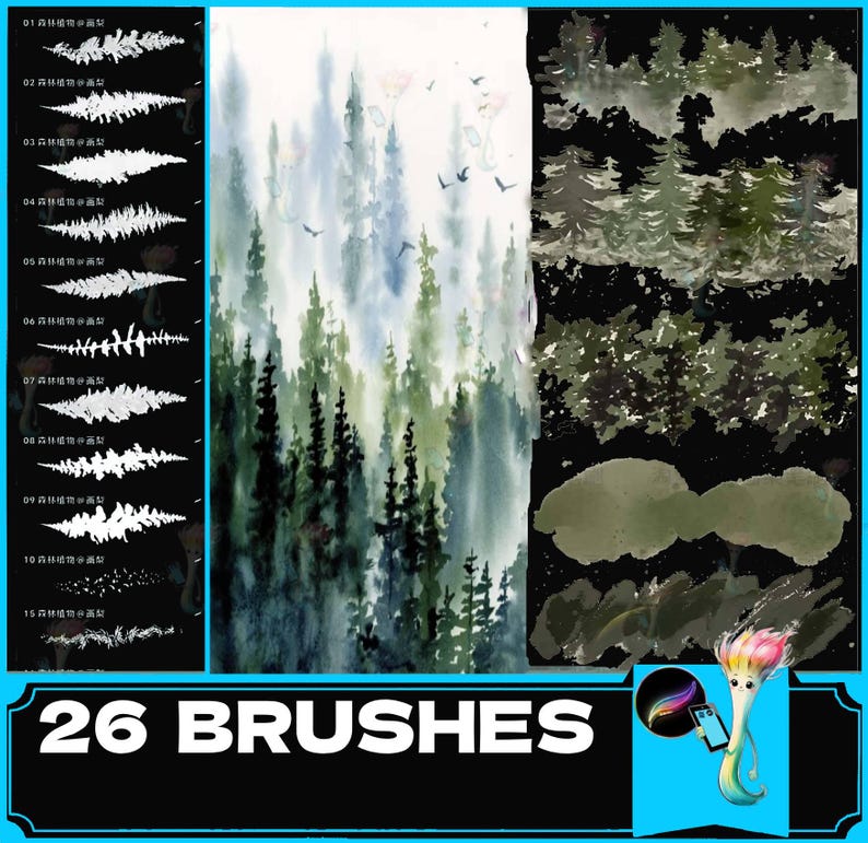 Procreate Brush Mountain Forest Realistic Watercolor High Mountain Ink ...