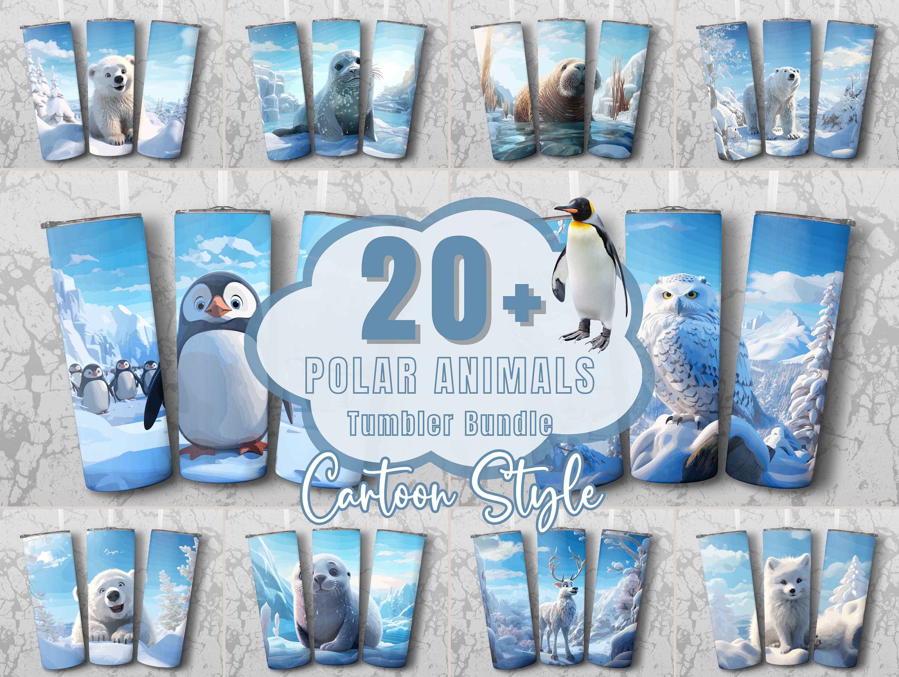 20 Fun Polar Animals 20oz Tumbler Wrap Bundle, Cute Cartoon Style ...