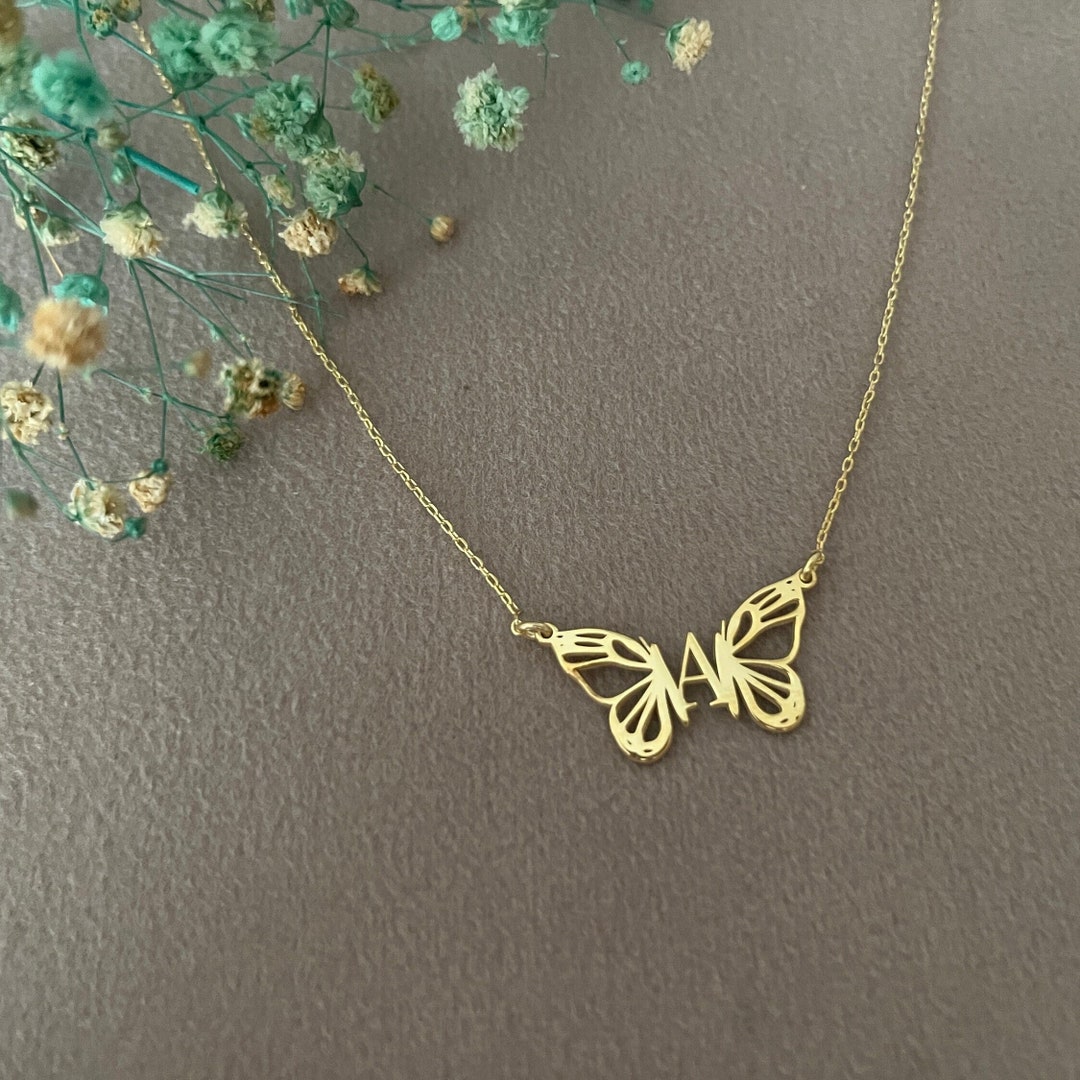 Double Winged Butterfly Letter Necklace, Personalized Butterfly ...