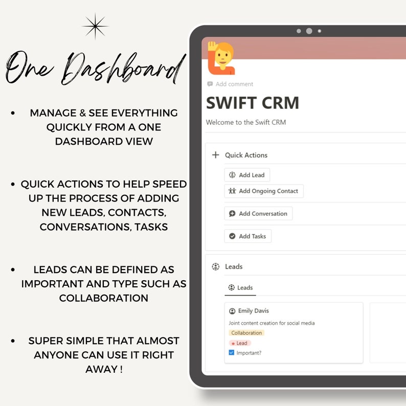 Swift CRM Notion Template Dashboard Estimated Value Leads - Etsy