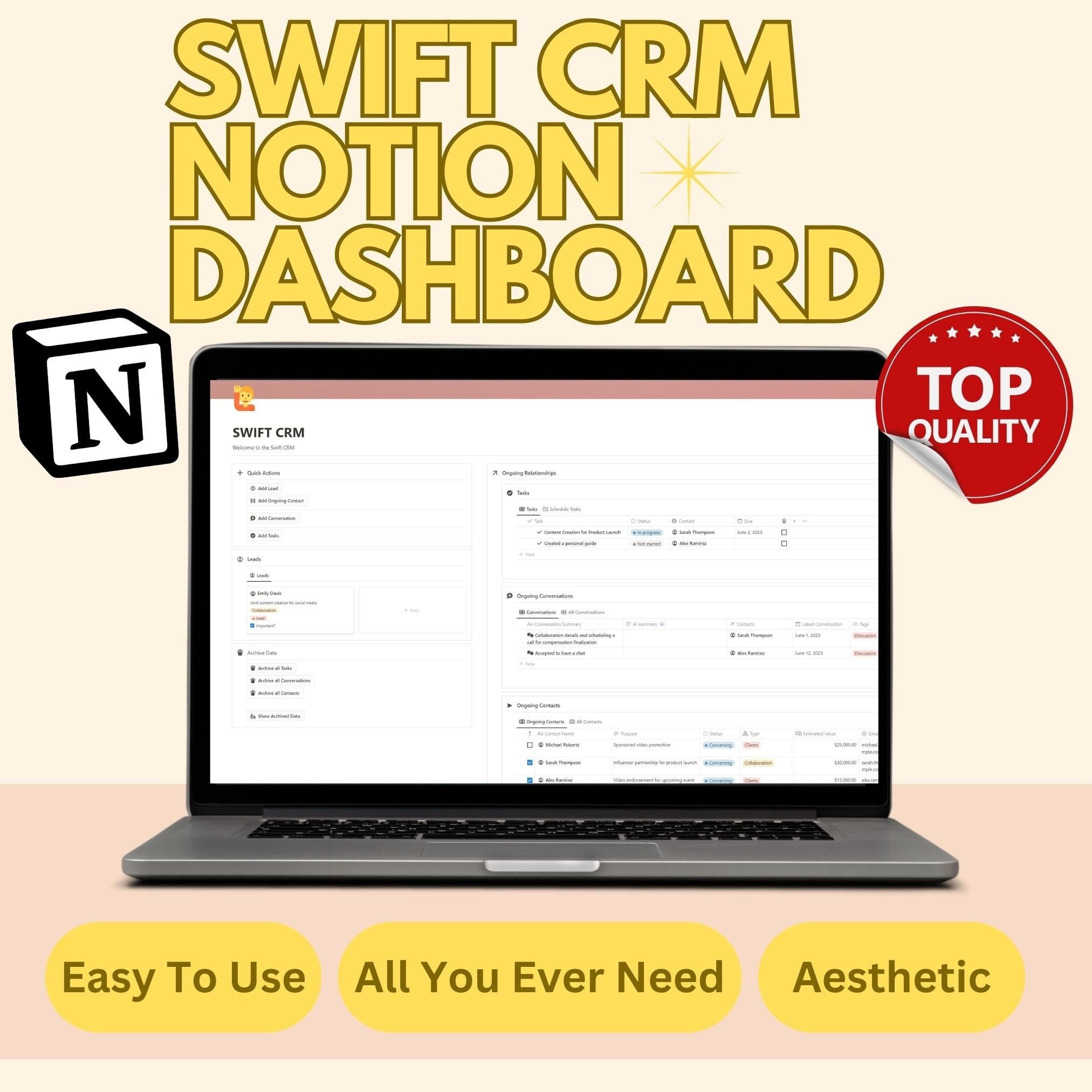 Swift CRM Notion Template Dashboard | Estimated Value Leads Client ...