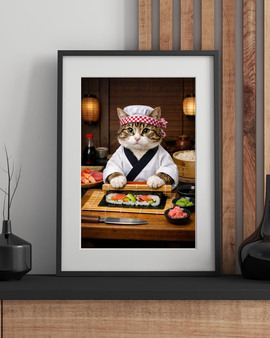 Sushi Chef Cat Poster – Funny Cat Making Sushi Art, Cute Kitchen Wall ...