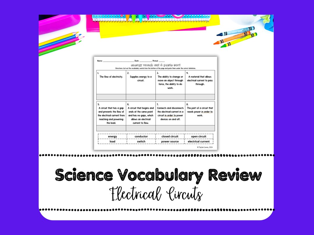 Electricity Vocabulary Review Worksheet | 4th Grade Science | Printable ...
