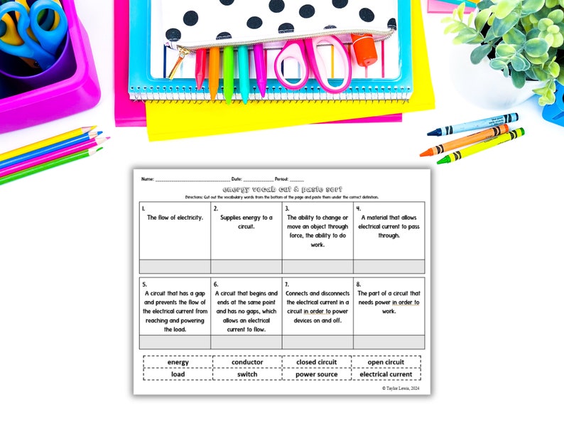 Electricity Vocabulary Review Worksheet | 4th Grade Science | Printable ...