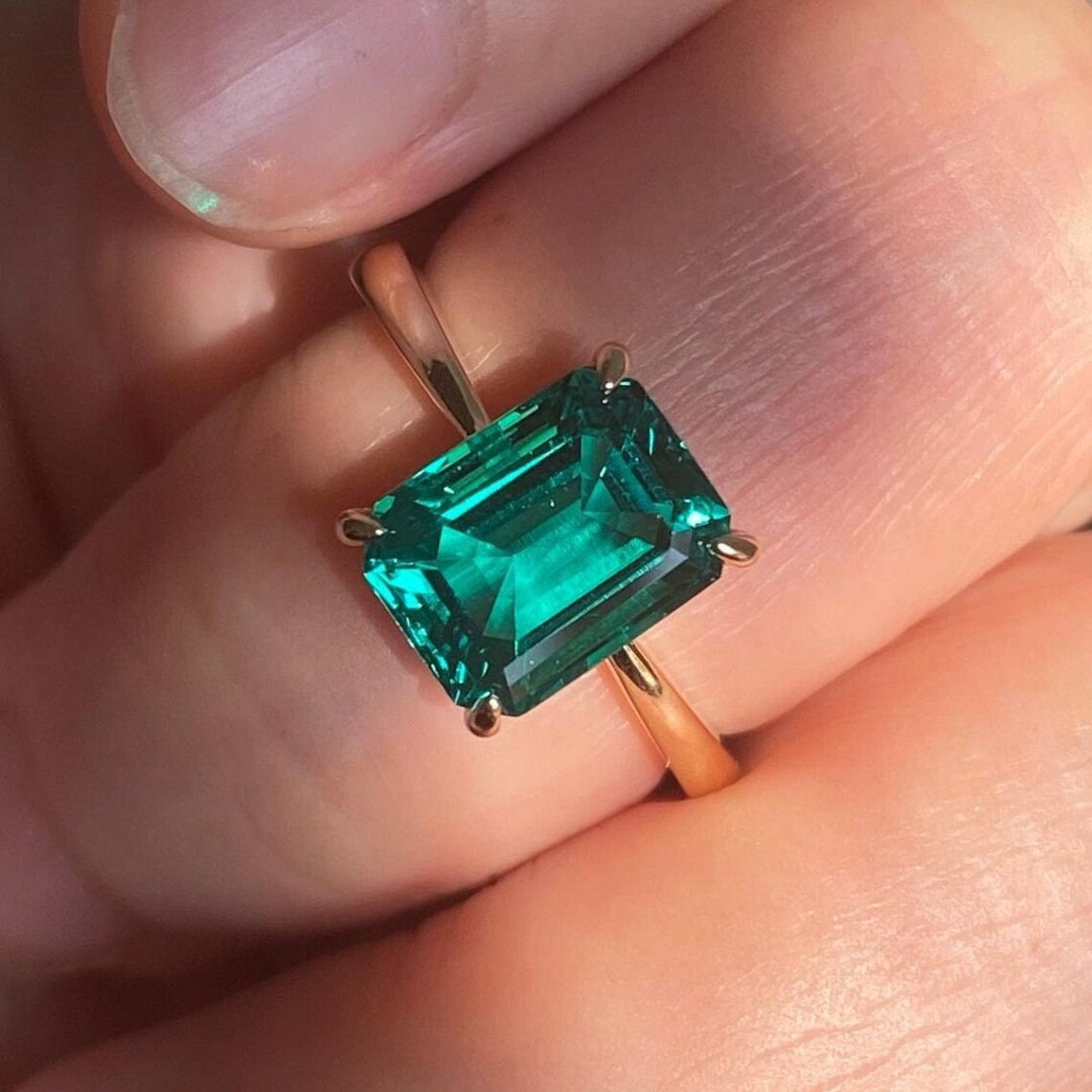 Emerald Cut Green Emerald Rings Vintage Solid 14K Yellow Gold Wedding ...