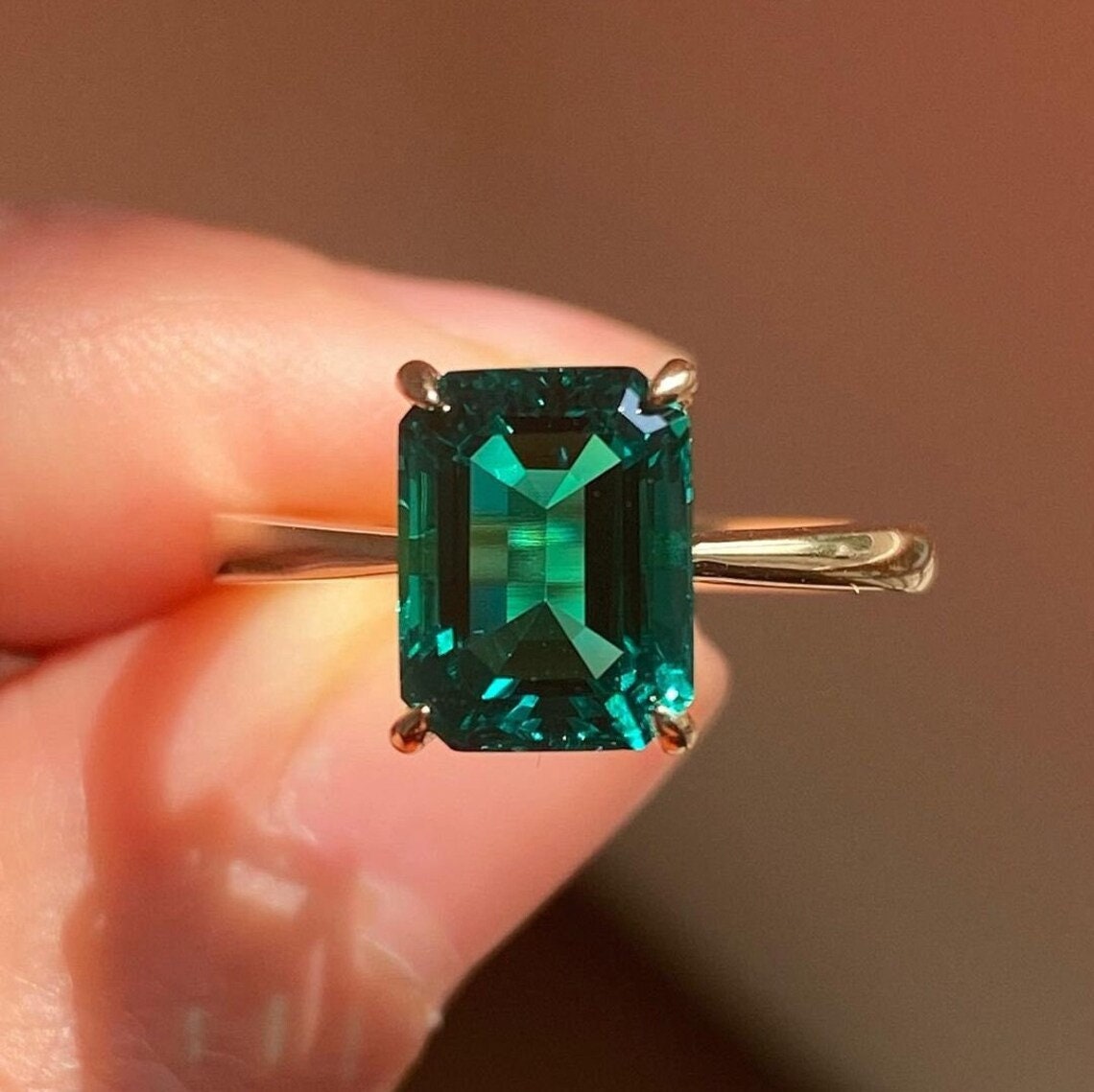 Emerald Cut Green Emerald Rings Vintage Solid 14K Yellow Gold Wedding ...