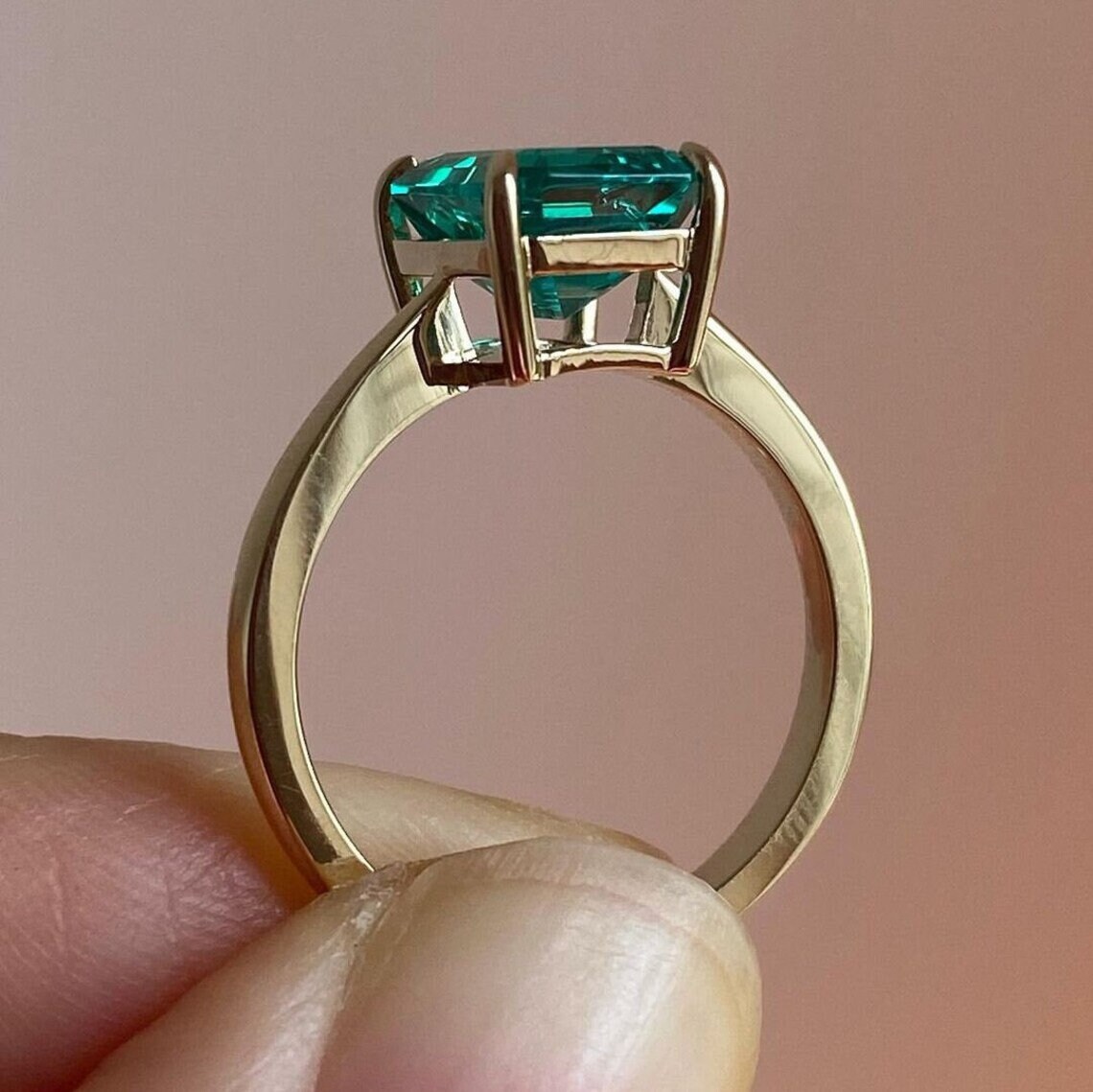 Emerald Cut Green Emerald Rings Vintage Solid 14K Yellow Gold Wedding ...