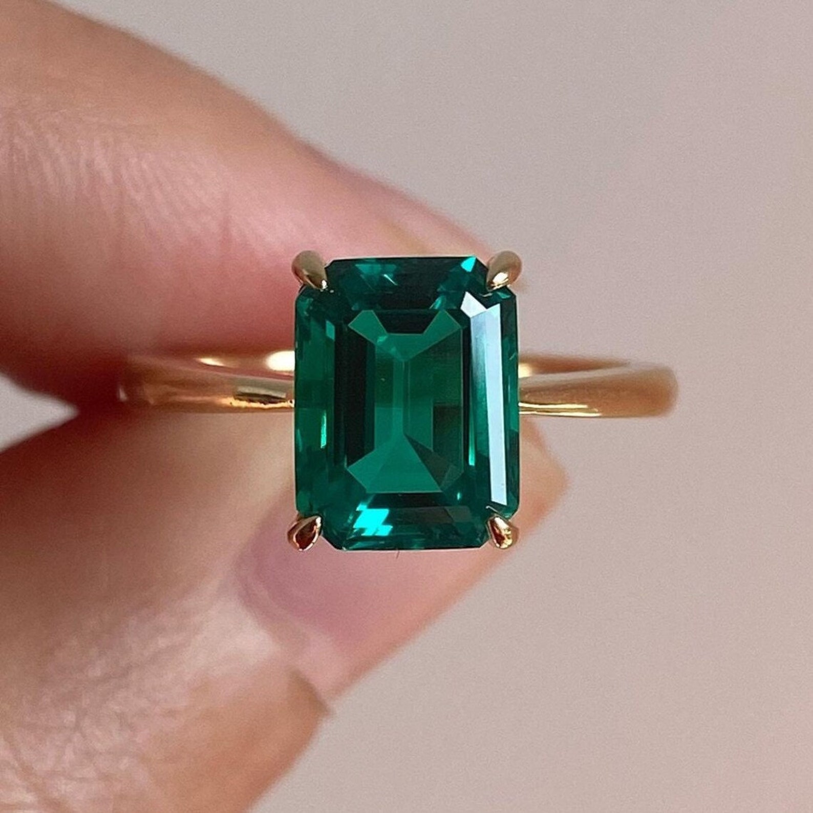 Emerald Cut Green Emerald Rings Vintage Solid 14K Yellow Gold Wedding ...