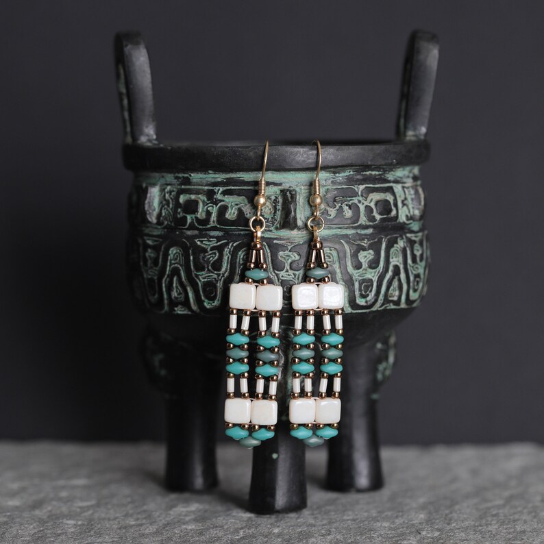 Tile Beaded Earrings Ecru Porcelain Tiles, Turquoise Superduo, Bronze ...