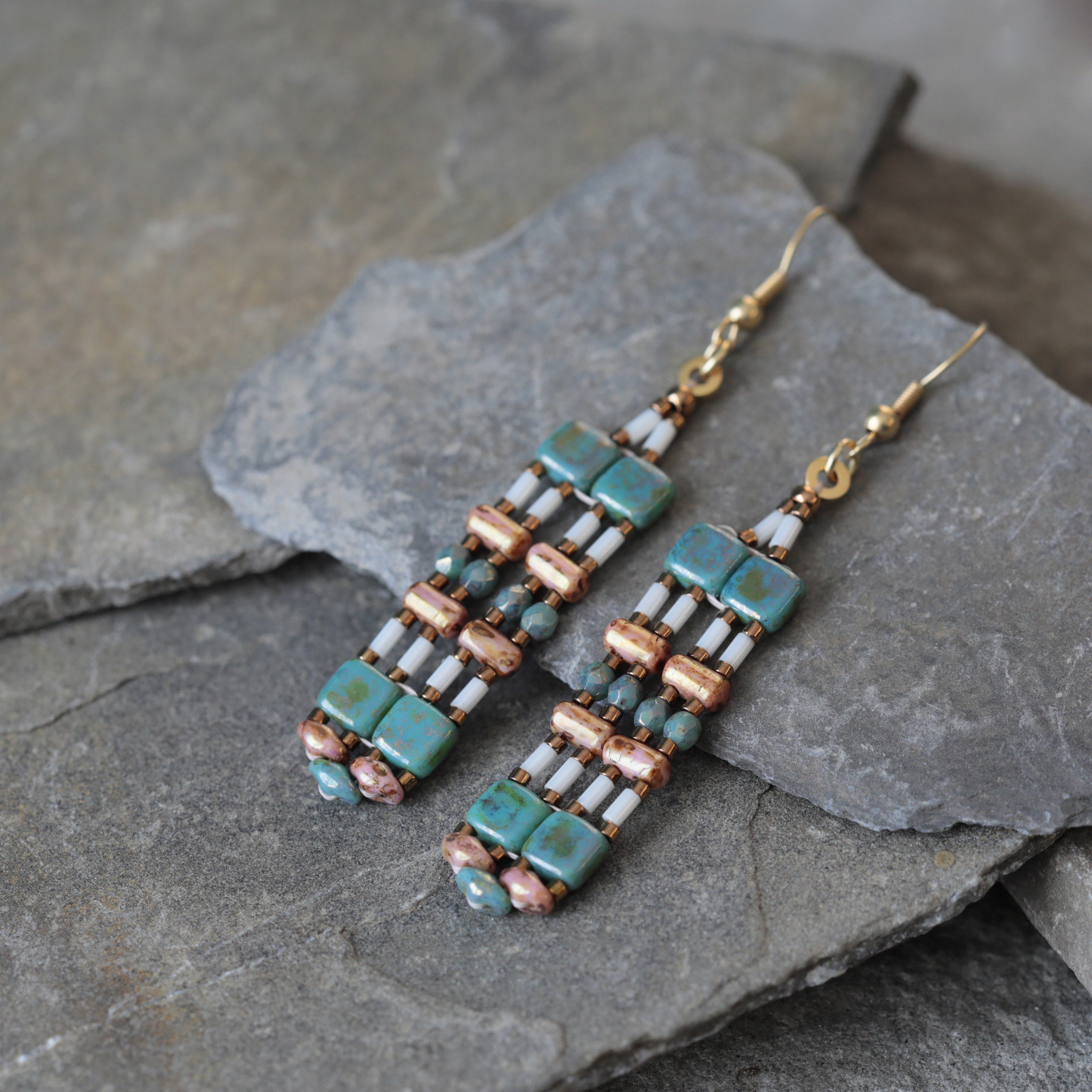 Tile Beaded Earrings Bronze Turquoise Tiles, Rose Gold, Ecru 24K Gold ...