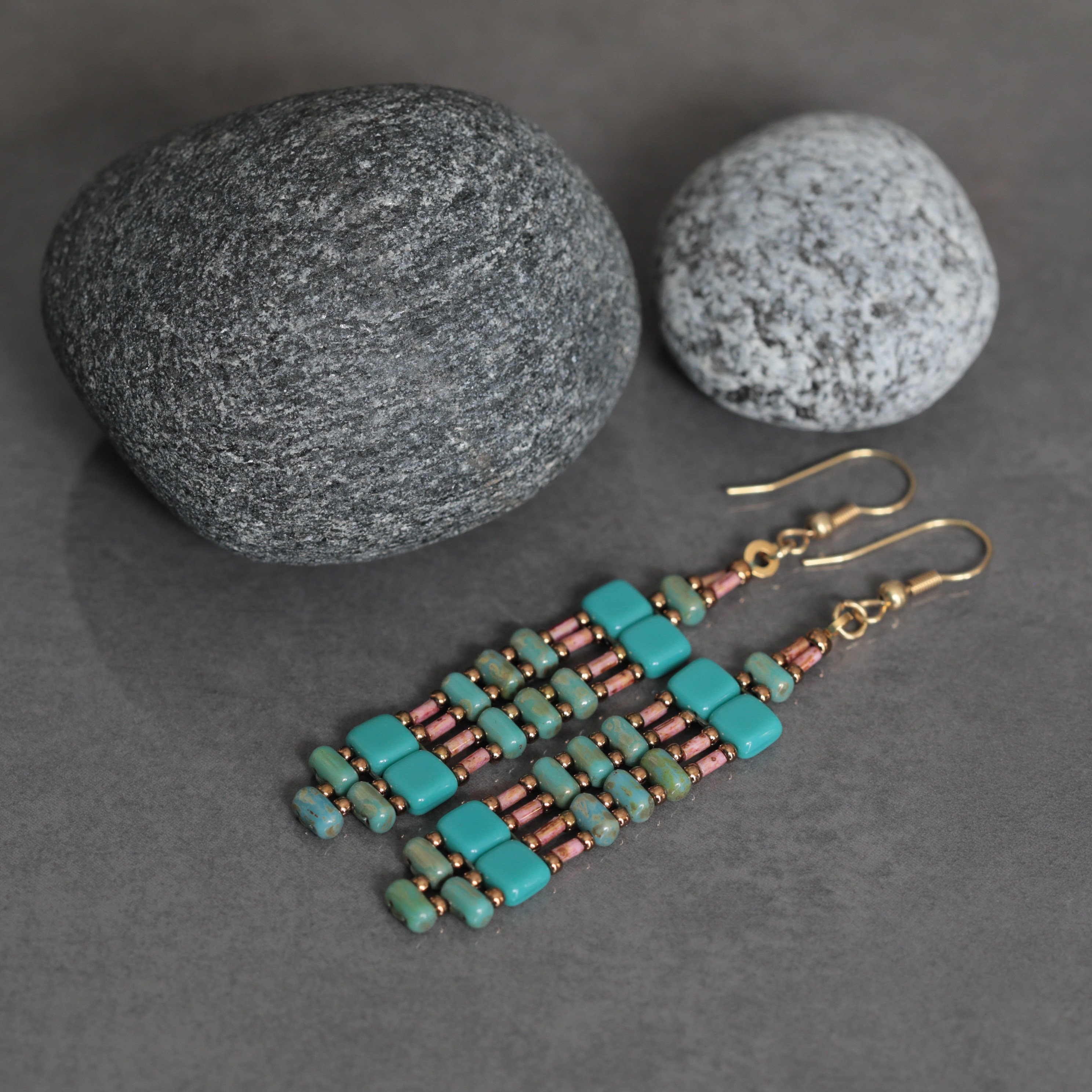 Tile Beaded Earrings Turquoise Tiles, Rose Gold 24K Gold Plated - Etsy