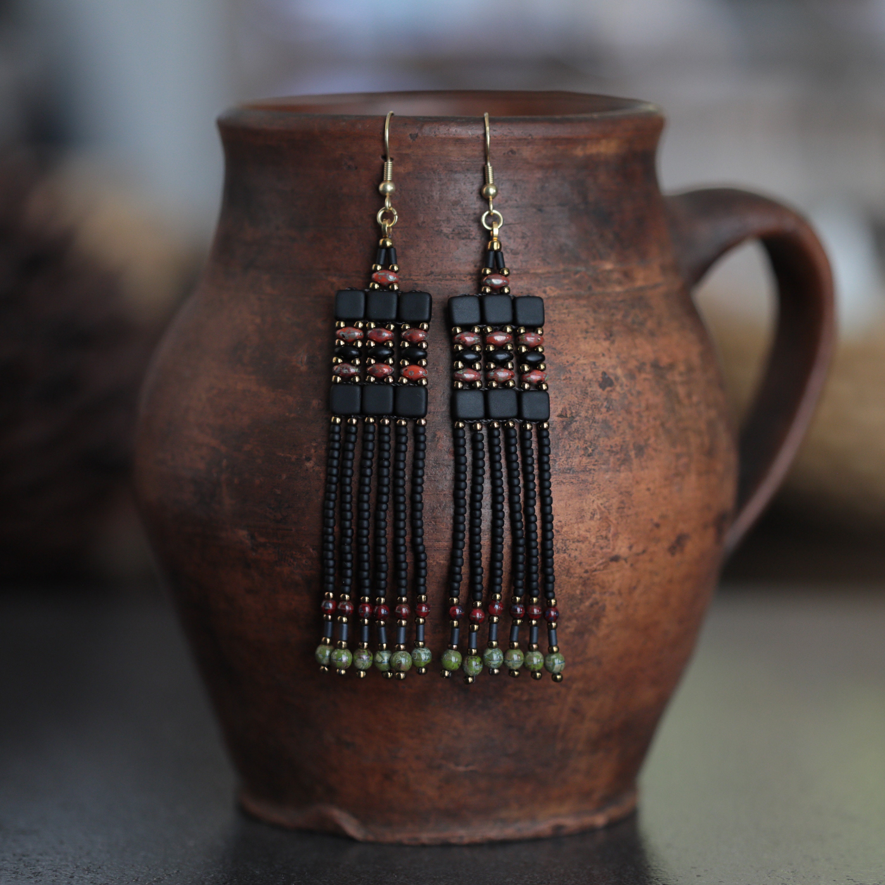 Tile Beaded Earrings Matte Black Tiles, Superduo, Red Picasso, Olive ...