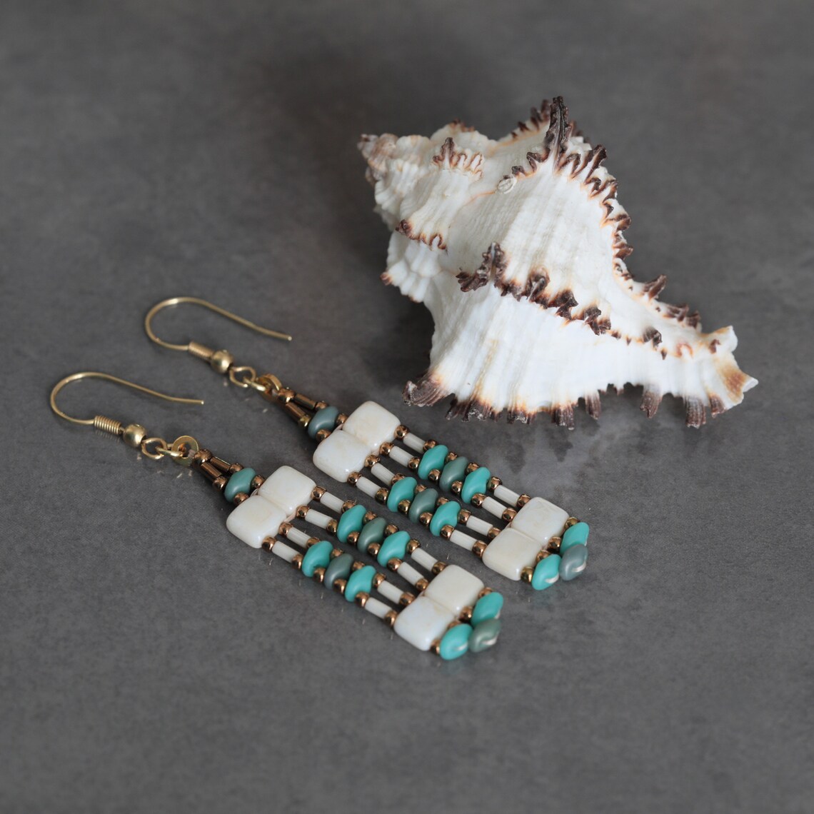 Tile Beaded Earrings Ecru Porcelain Tiles, Turquoise Superduo, Bronze ...