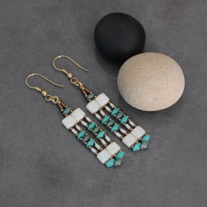 Tile Beaded Earrings Ecru Porcelain Tiles, Turquoise Superduo, Bronze ...