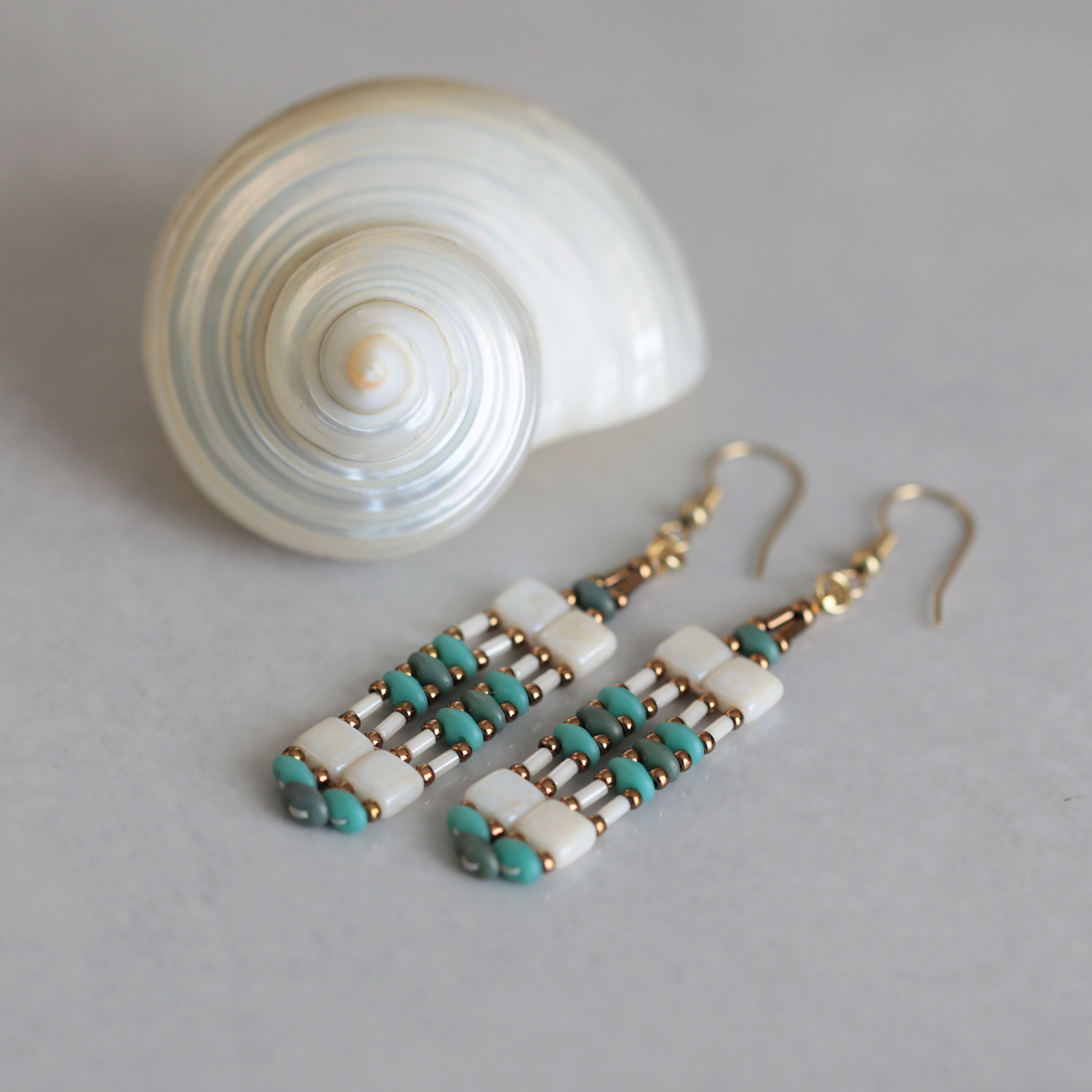 Tile Beaded Earrings Ecru Porcelain Tiles, Turquoise Superduo, Bronze ...