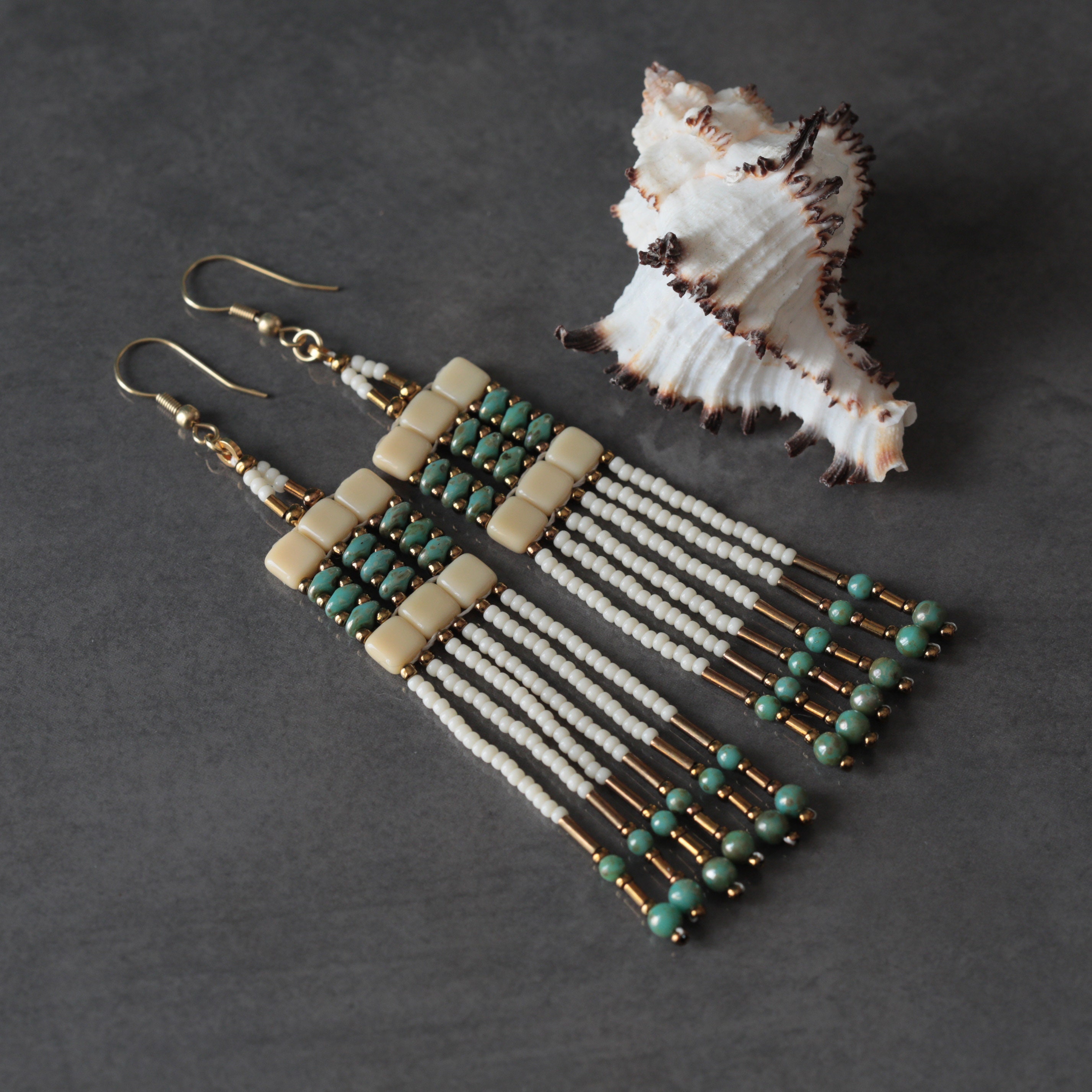 Tile Beaded Earrings Beige Tiles, Superduo, Turquoise Picasso, Bronze ...