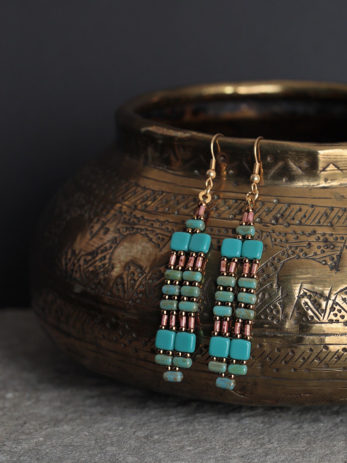 Tile Beaded Earrings Turquoise Tiles, Rose Gold 24K Gold Plated - Etsy