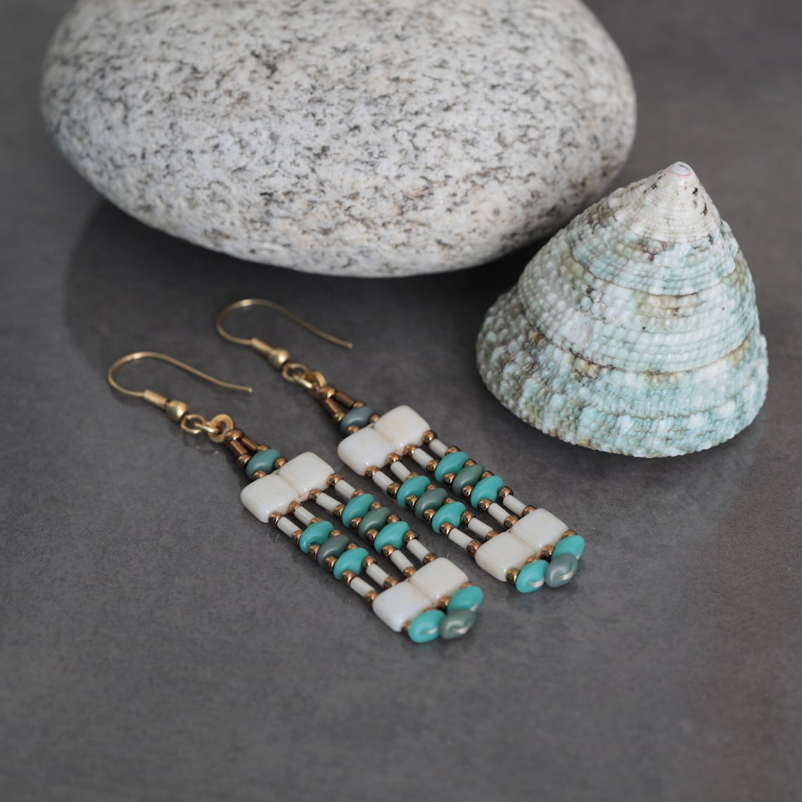 Tile Beaded Earrings Ecru Porcelain Tiles, Turquoise Superduo, Bronze ...