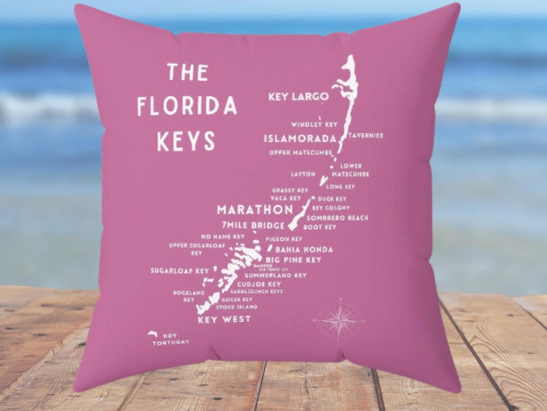Florida Keys Map Pillow, Pink Throw Pillow, Key Largo, Marathon ...