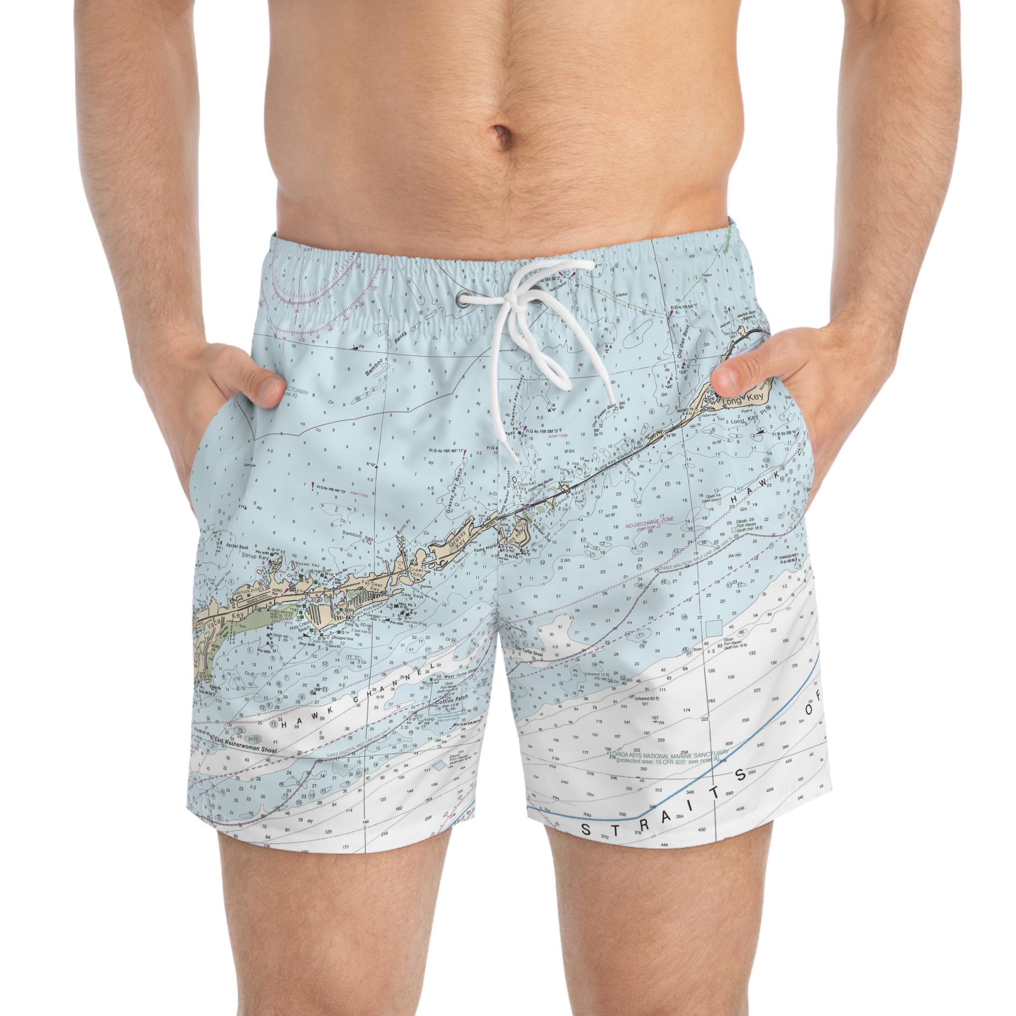 Nautical Map Swim Trunks, Beach Vacation Board Shorts, Coastal Men's ...