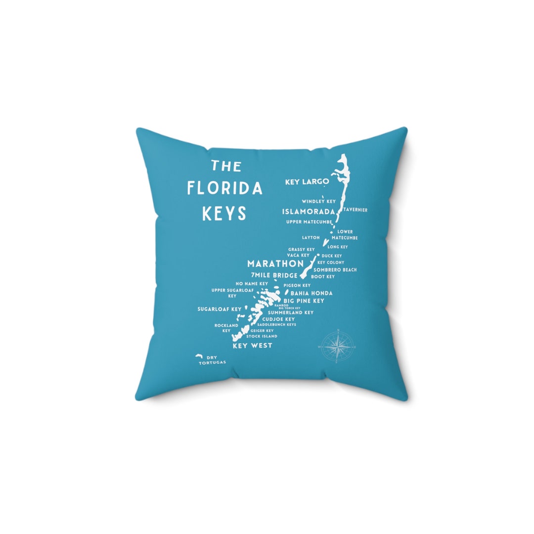 Florida Keys Map Pillow Blue and White Marathon, Islamorada, Key West ...