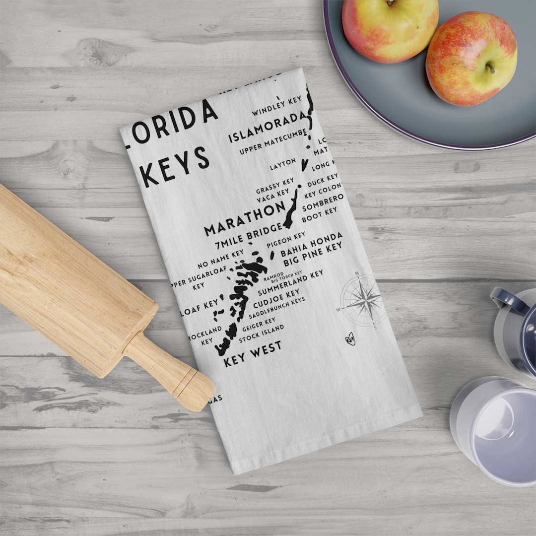Florida Keys Map Tea Towel - Coastal Kitchen Decor, Nautical Dish Towel ...