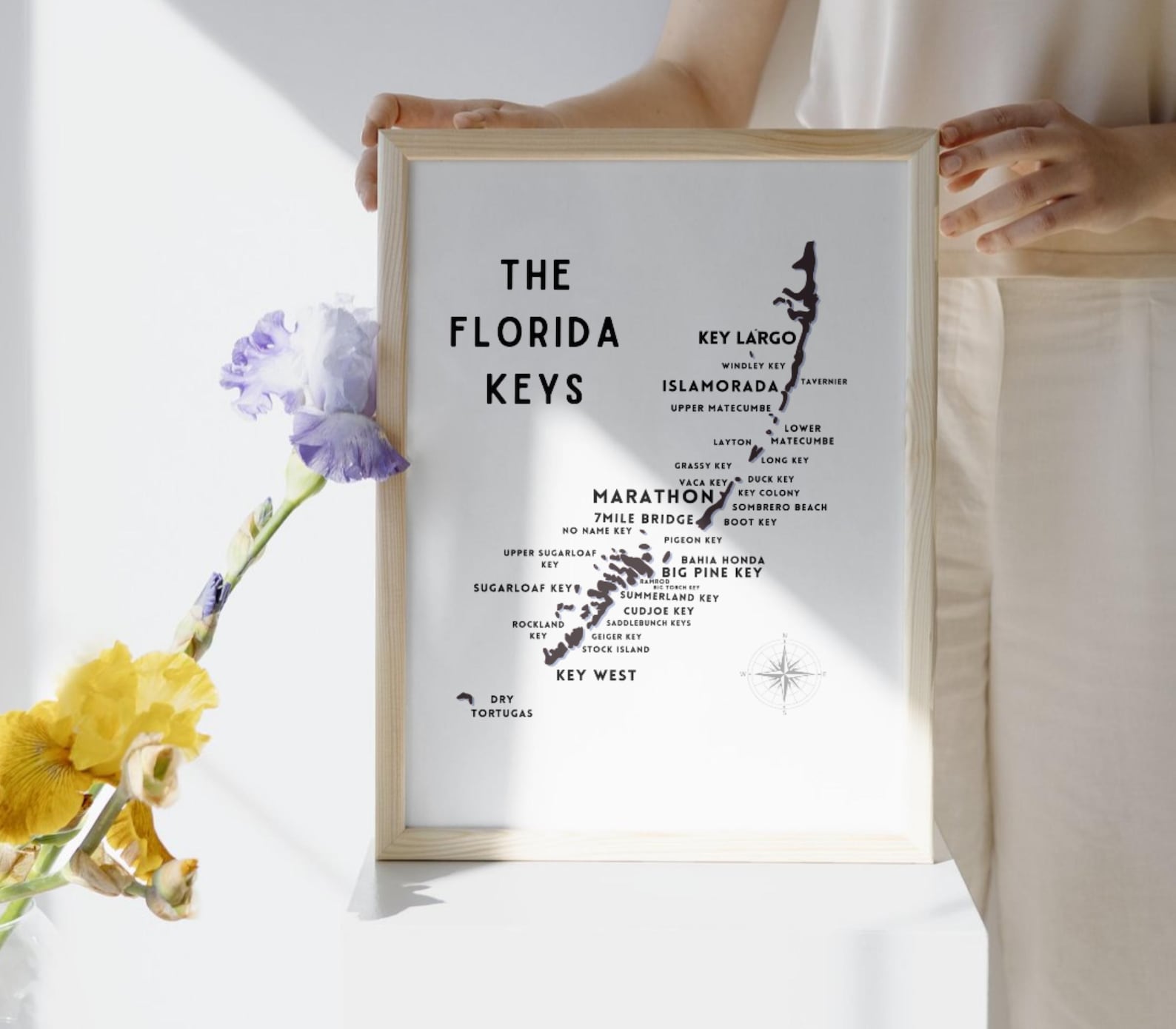 Florida Keys Map - Keys Silhouette - Black & White Wall Art - Vertical ...