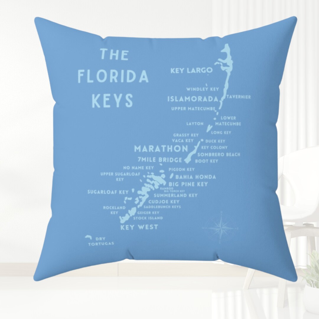 Florida Keys Map Throw Pillow: Key Largo to Key West, Light Blue Decor ...