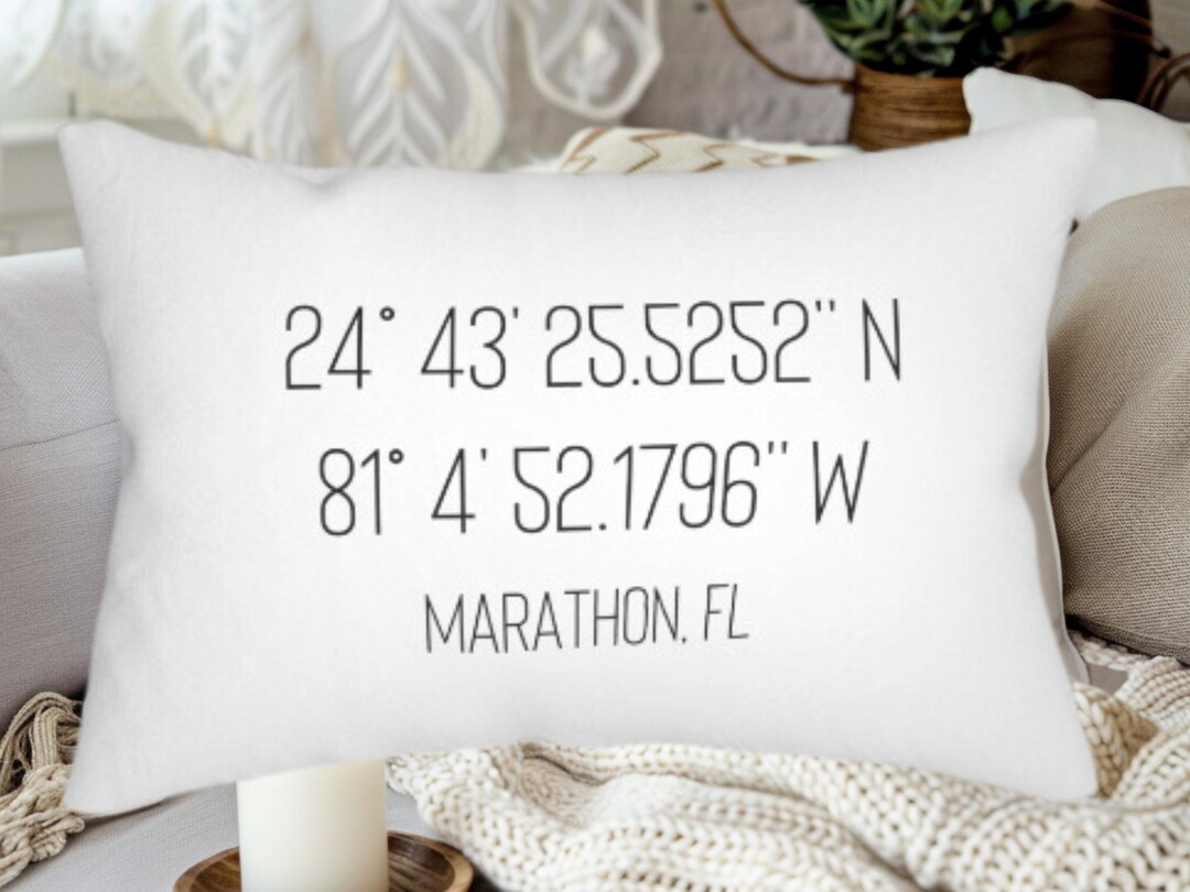 Custom Longitude Latitude GPS Pillow, White With Blue | GPS Location ...