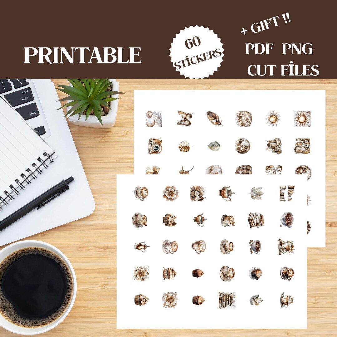 Coffee Stickers, Printable Stickers, Cut Files, Watercolor Deco Planner ...