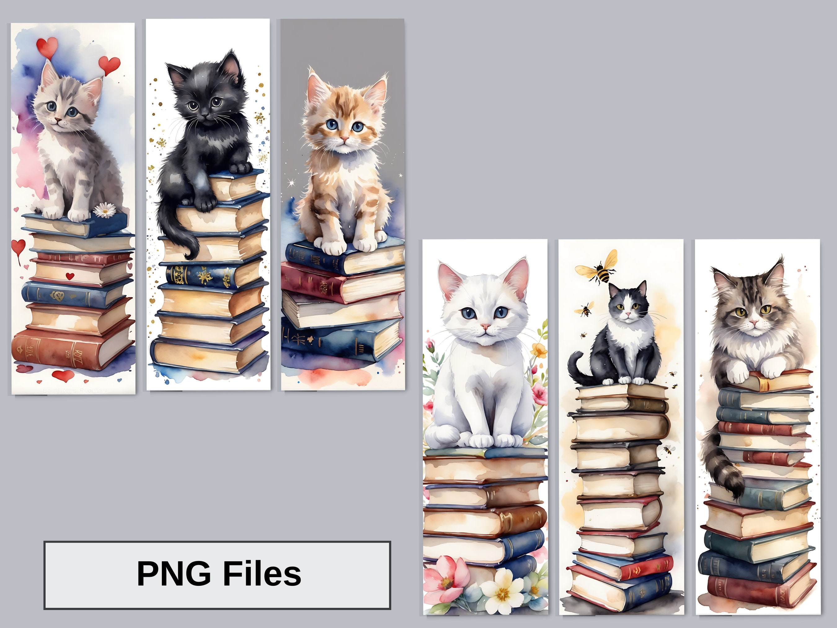 Cats Bookmark Printable Book Stack Bundle. Digital PNG File. Bookmarks ...