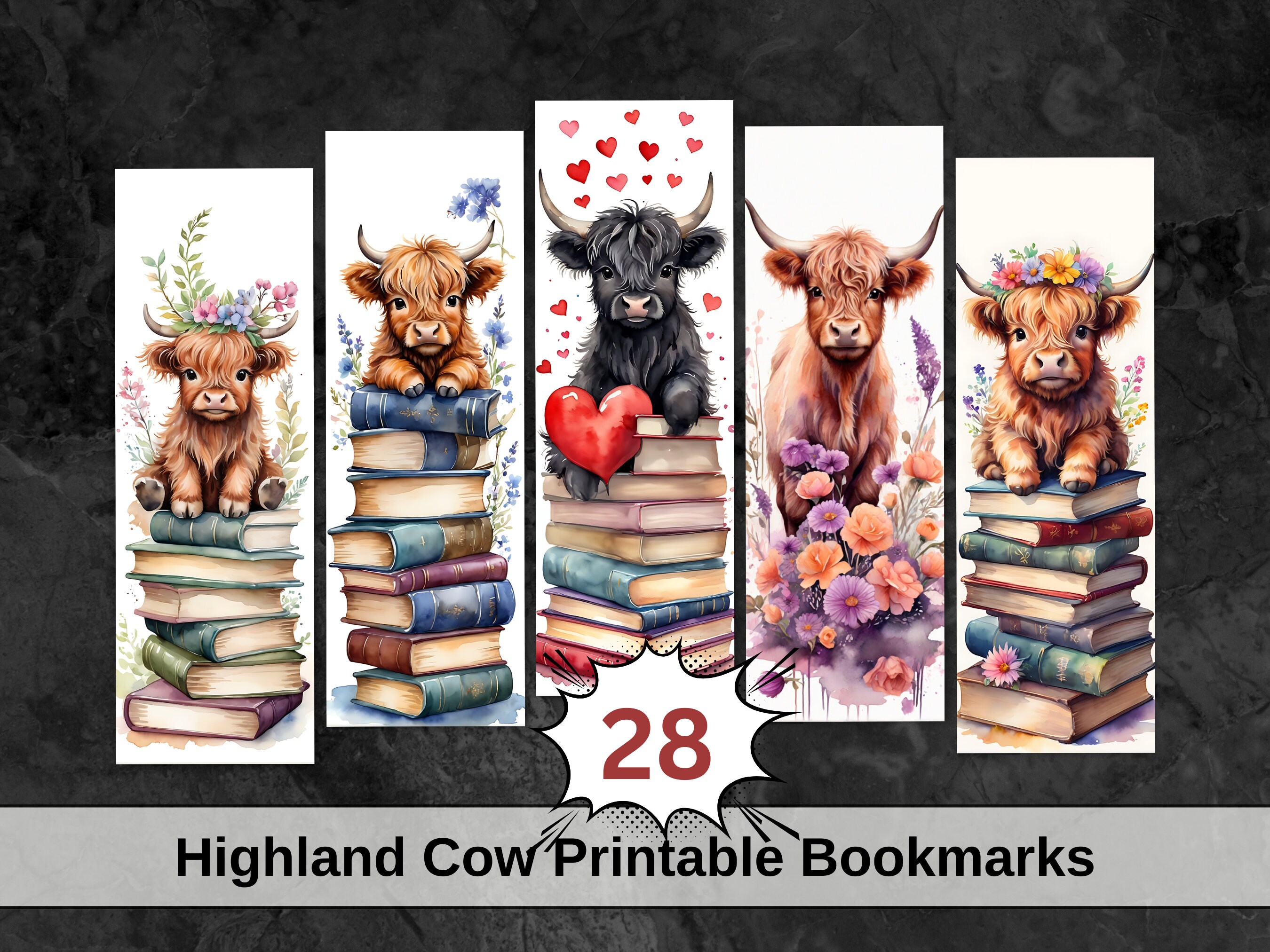 Highland Cow Printable Bookmark Designs. Digital Bookmarks PNG Files ...
