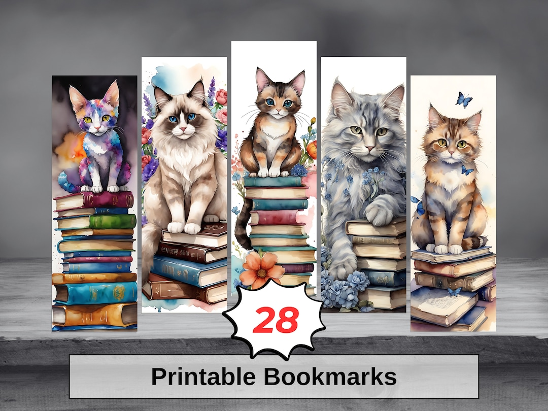 Cats Bookmark Printable Book Stack Bundle. Digital PNG File. Bookmarks ...