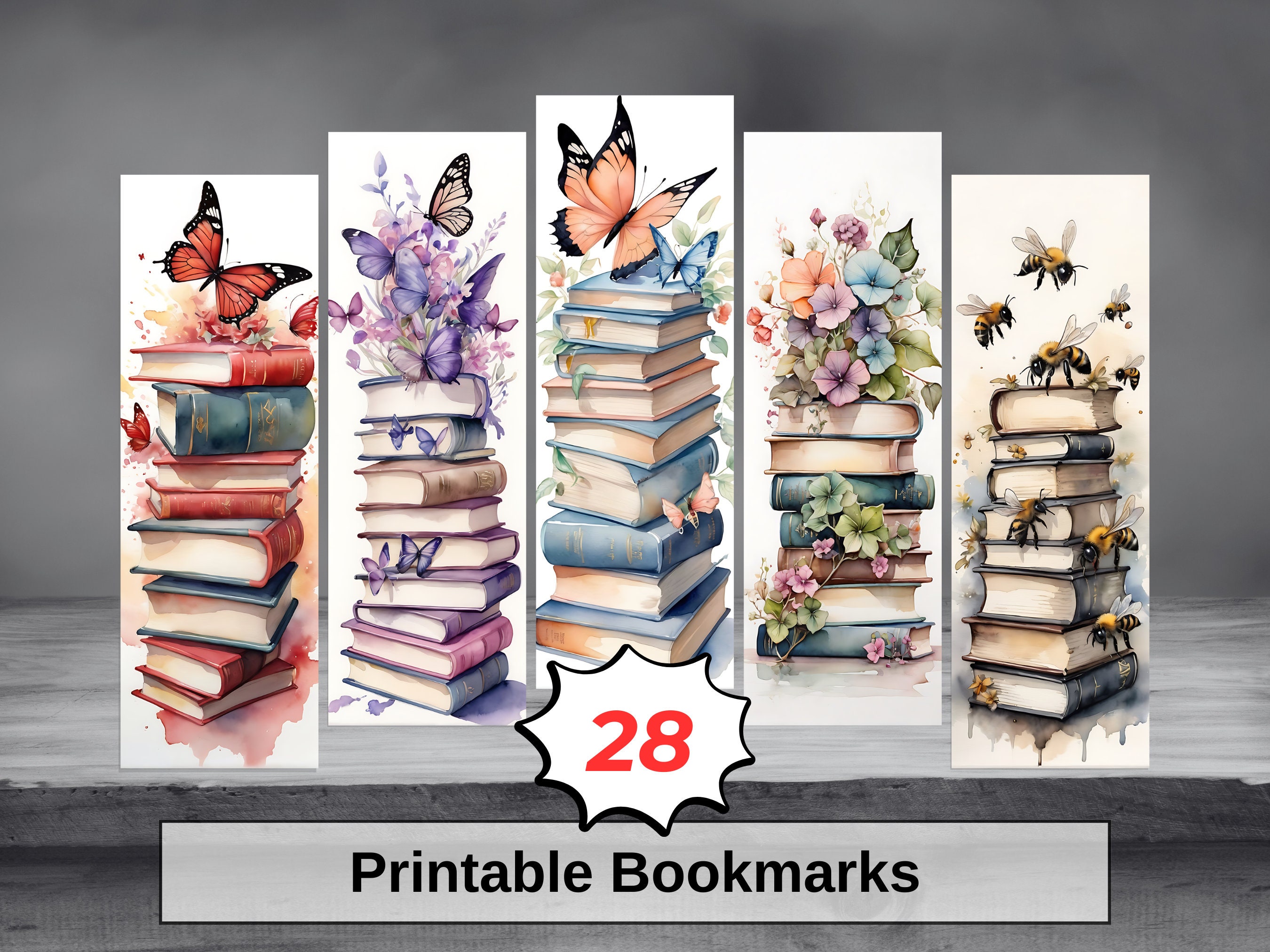 Digital Bookmarks Bundle Printable Butterflies and Bees 28 Files. for ...