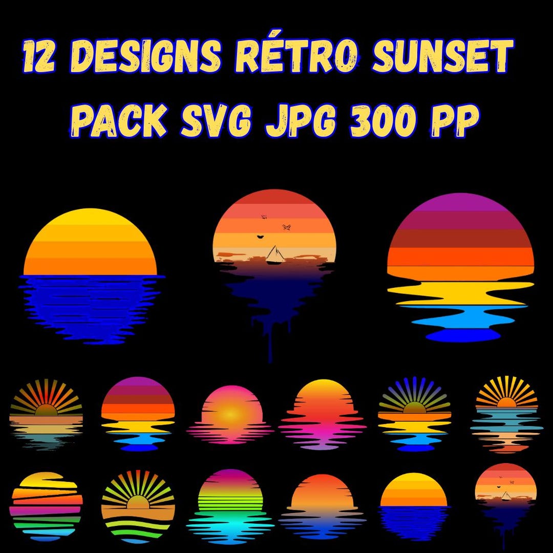 12 Retro Sunset Designs | High Quality 300 DPI SVG JPG Pack | Vintage ...