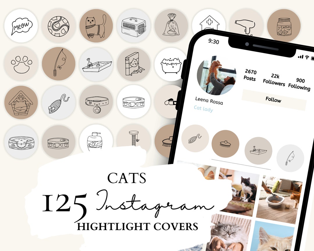 Cats Instagram Highlight Covers | 25 Cats Illustrations on 5 Neutral ...