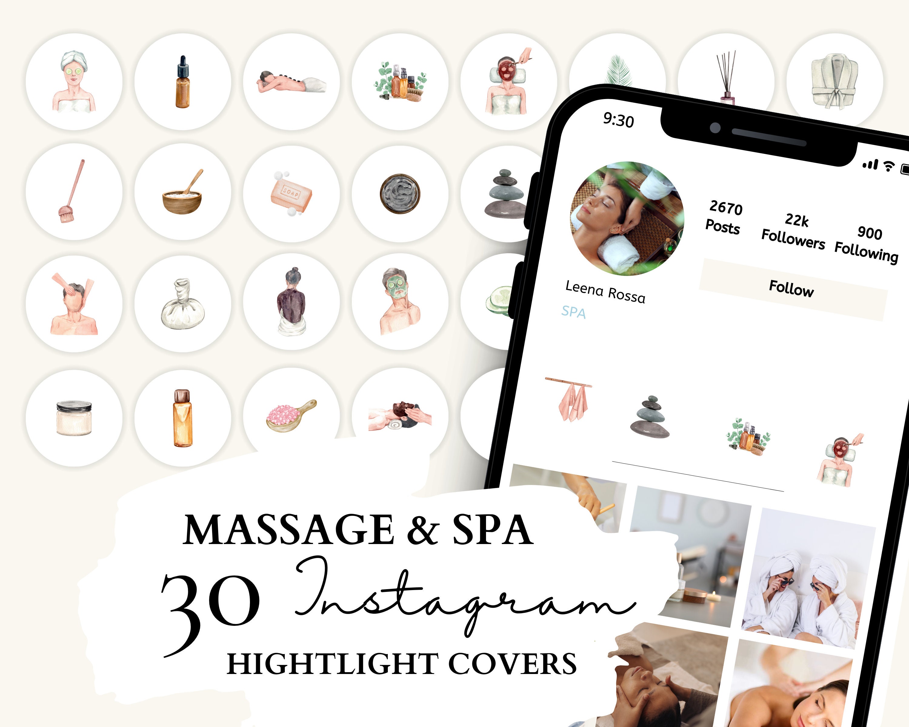 Massage, SPA Instagram Highlight Cover | Watercolor Massage, SPA Icons ...
