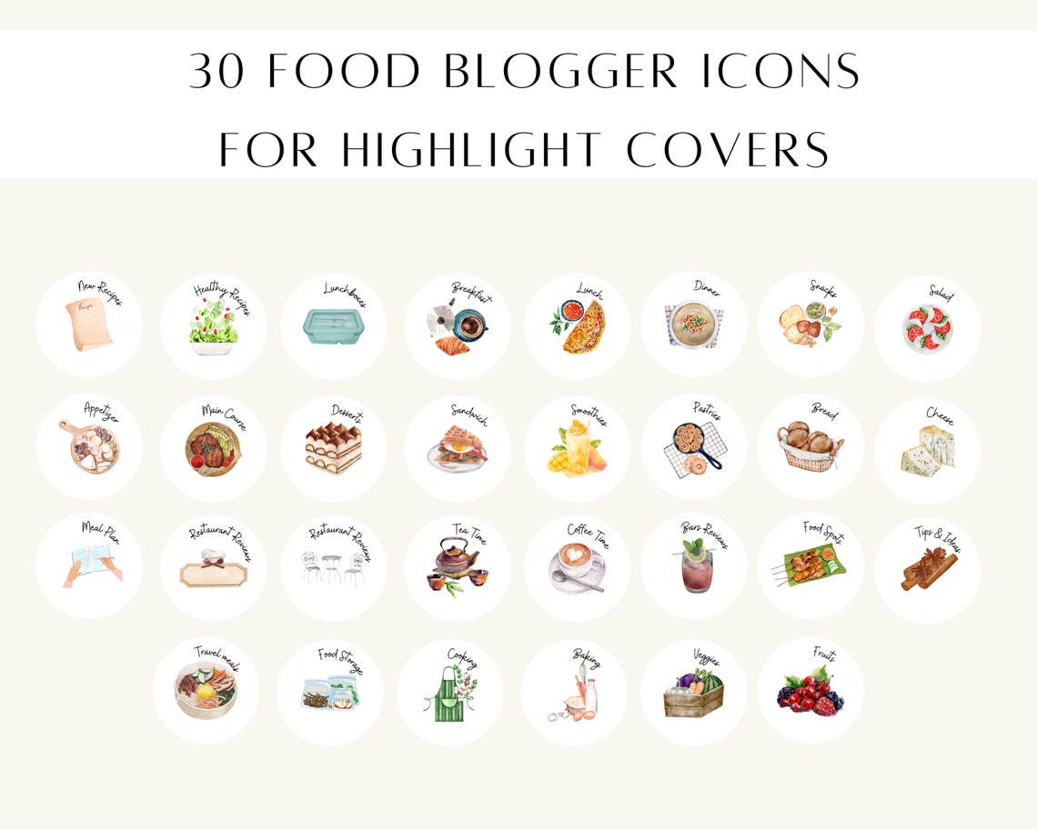 Food Blogger Instagram Highlight Covers Watercolor Food Icons 30 ...