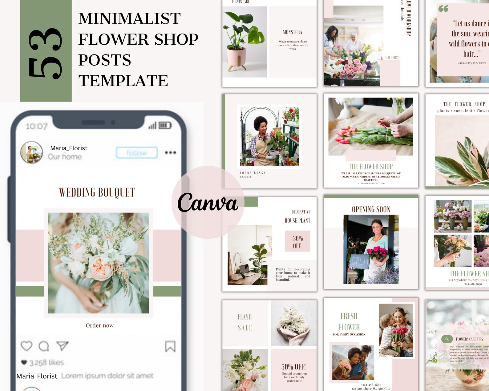 Flower Shop Instagram Posts Templates, Canva Templates | 53 Flower Shop ...