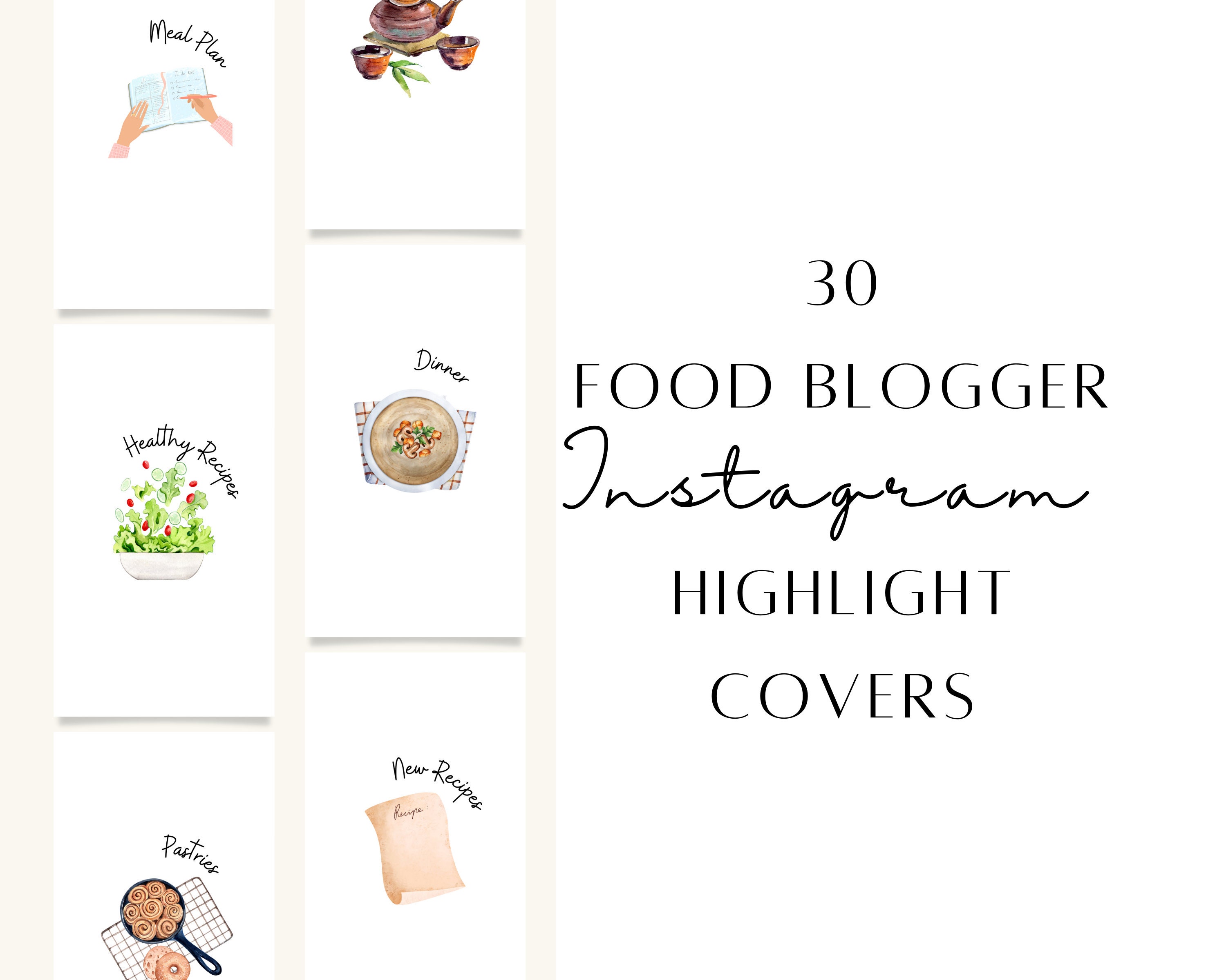 Food Blogger Instagram Highlight Covers | Watercolor Food Icons | 30 ...